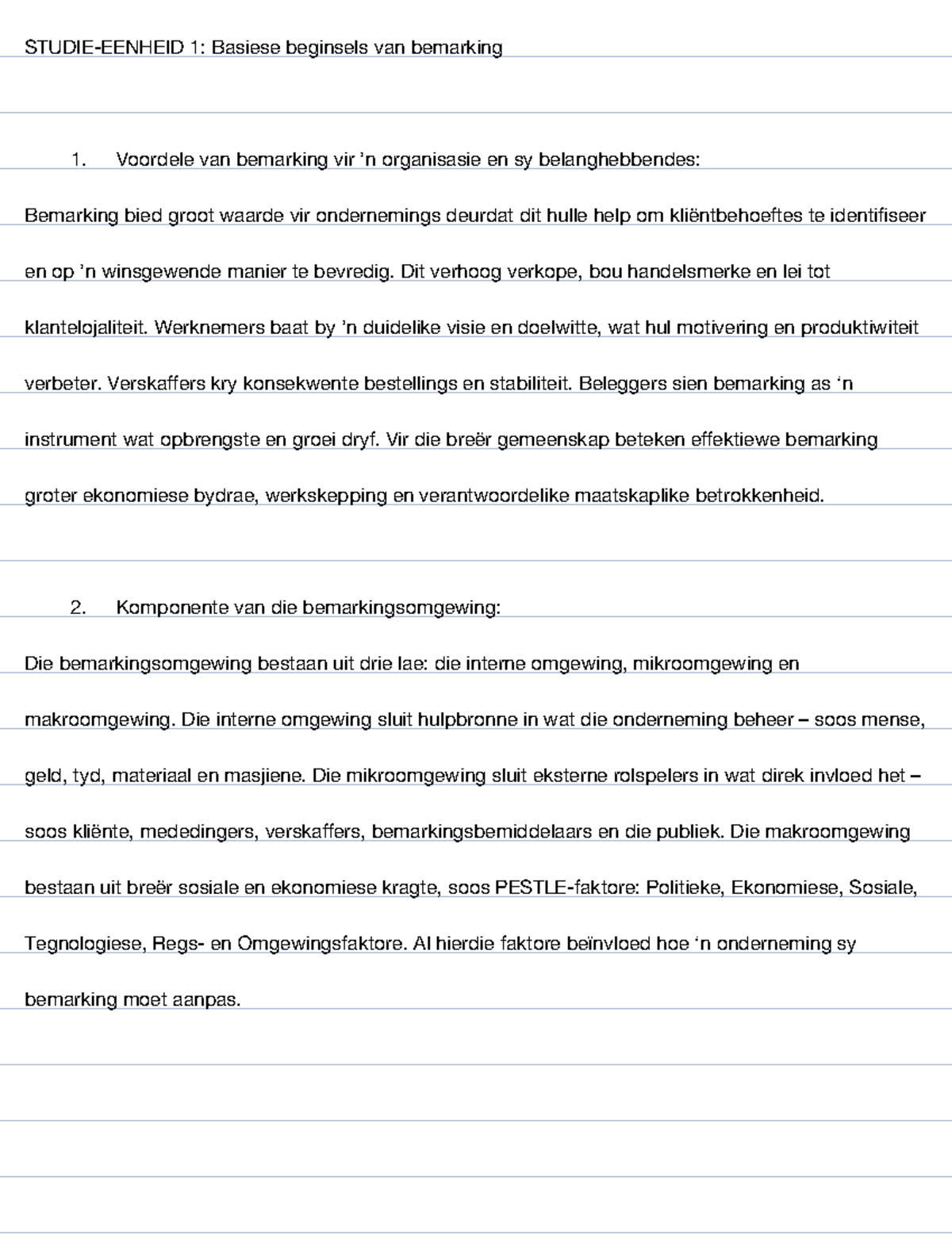 1: Eksamen Opsommings: Basiese Beginsels van Bemarking (BEM101) - Studocu