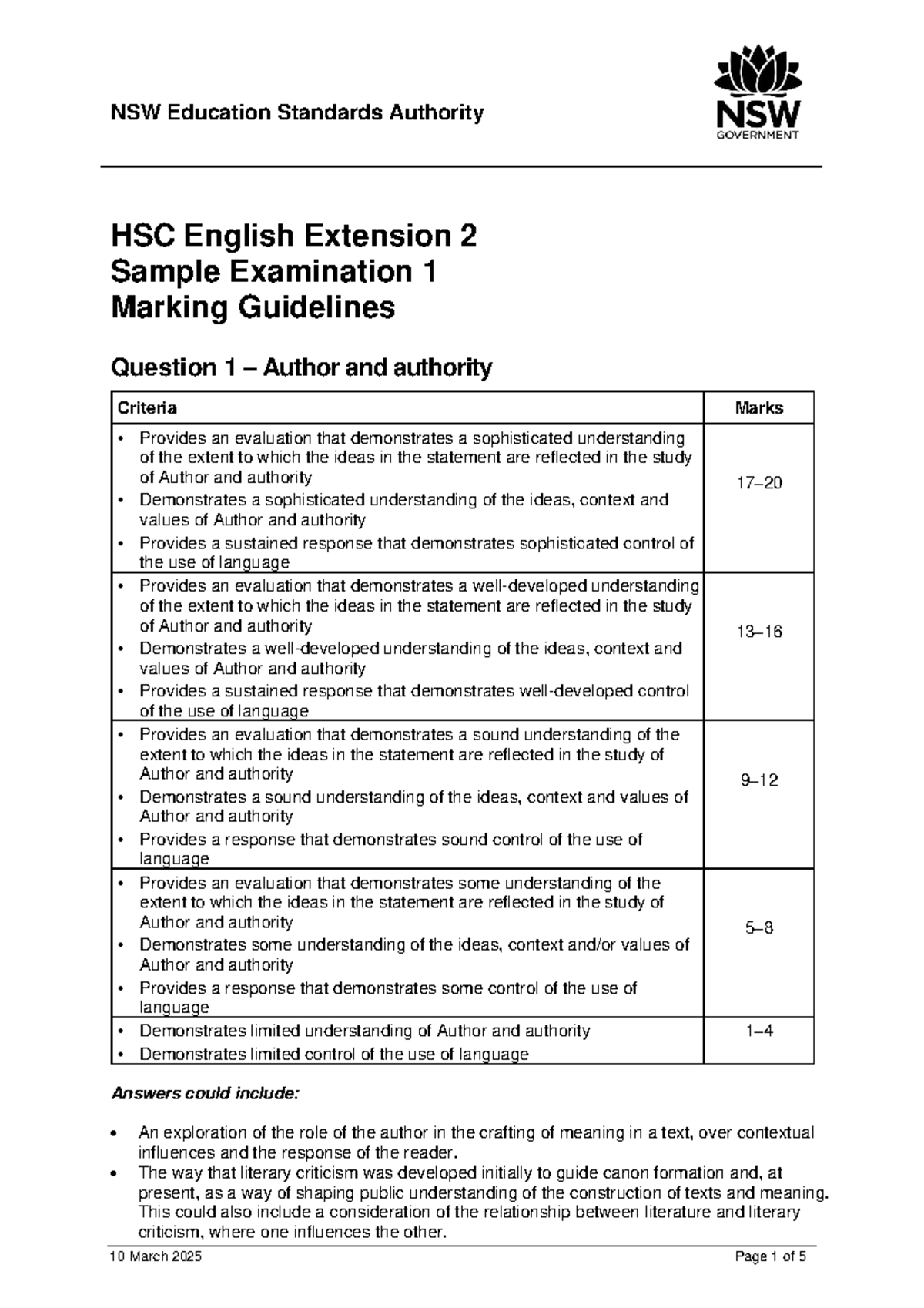 HSC English Extension 2 Sample Exam 1 Marking Guidelines - Studocu