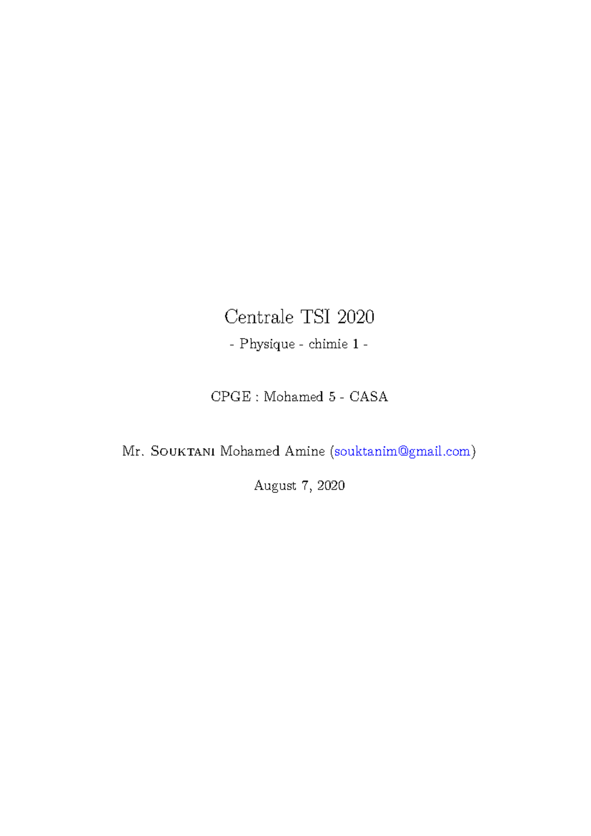 Centrale TSI 2020 Physique-Chimie 1 CPGE : Corrigé Concours - Studocu