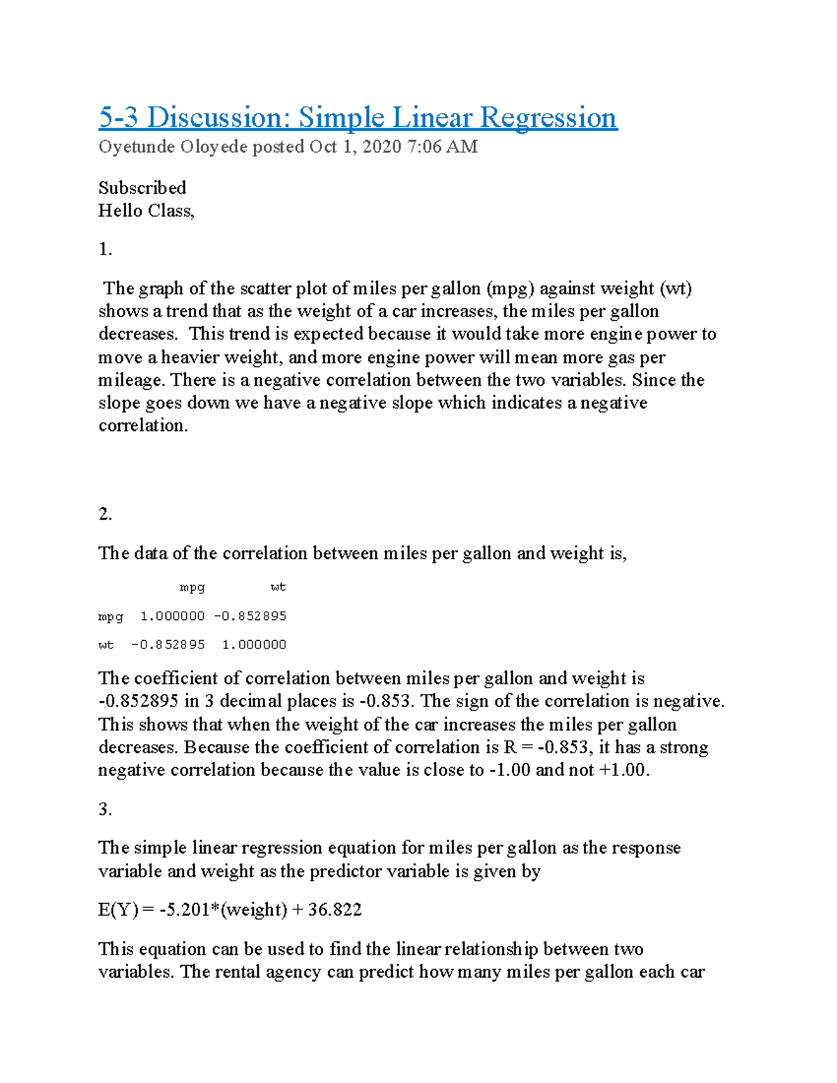 243 5 Final Exam Discussion: Simple Linear Regression Insights - Studocu