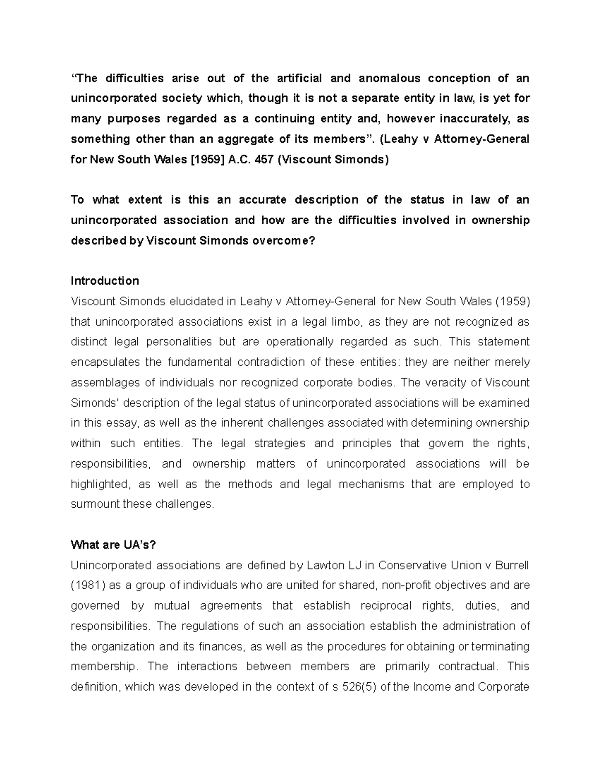 Legal Status and Ownership Challenges of Unincorporated Associations in ...