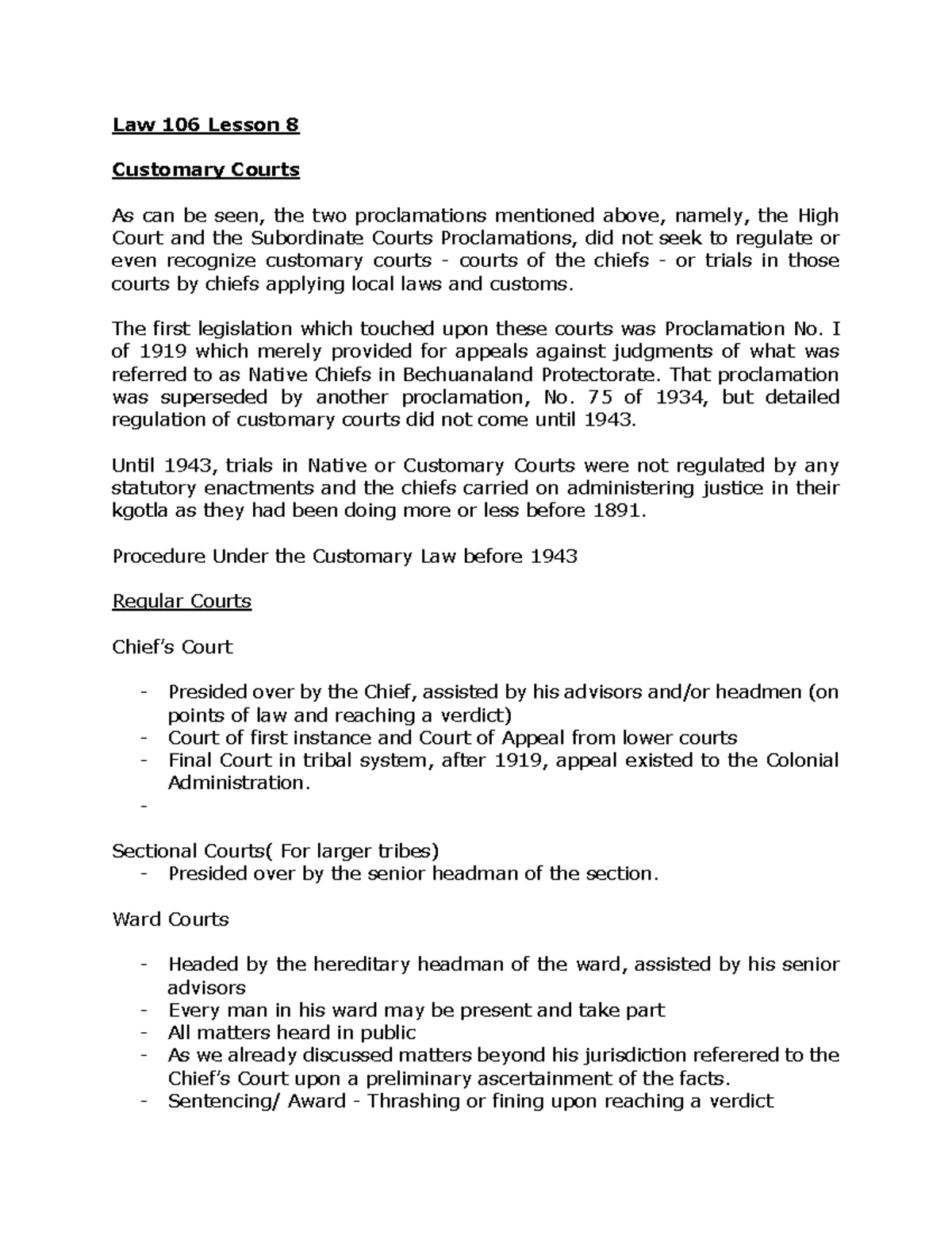 Law 106 Lesson 8 - Customary Courts & Their Judicial History - Studocu