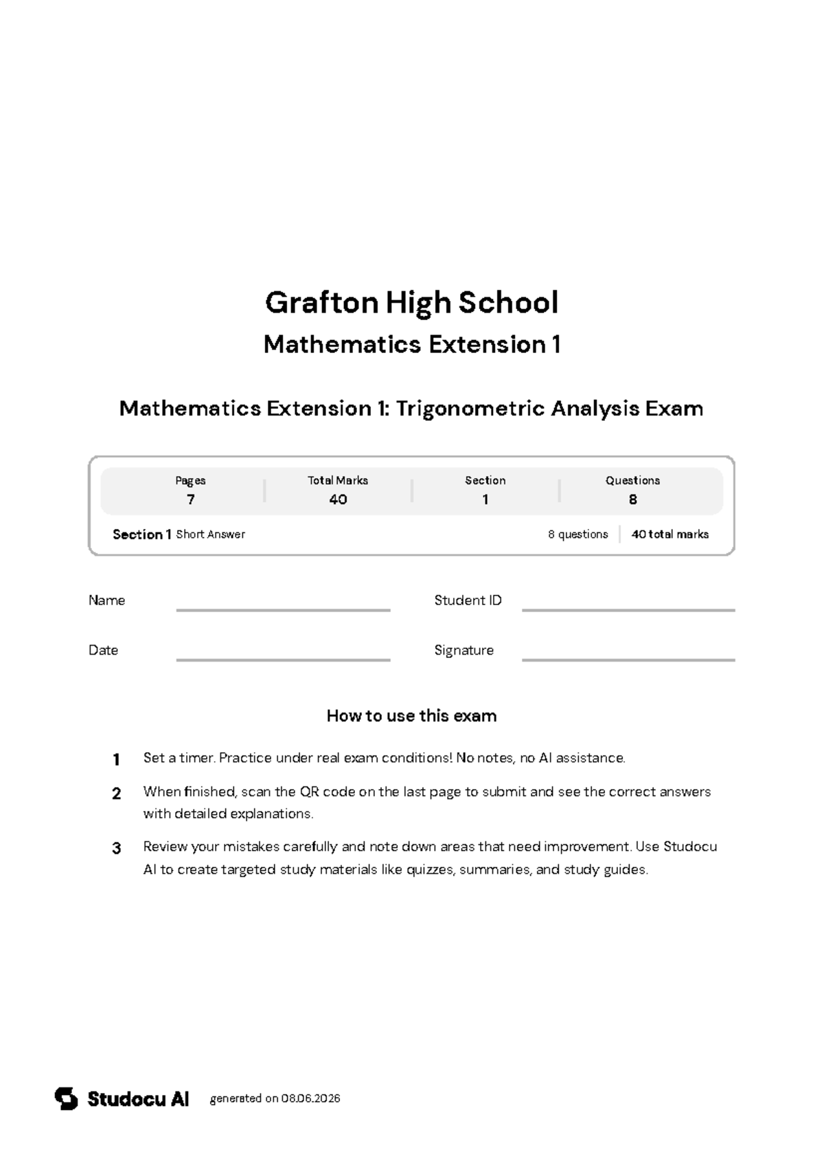 Mathematics Extension 1: Trigonometric Analysis Exam - Studocu
