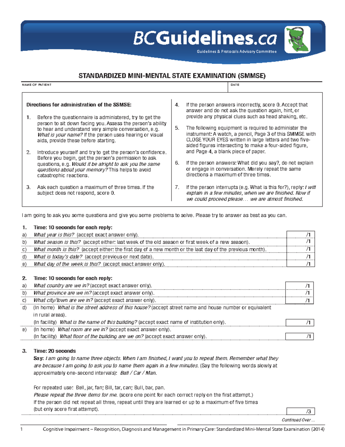 SMMSE Administration Guidelines & Scoring Protocols for MMSE - Studocu