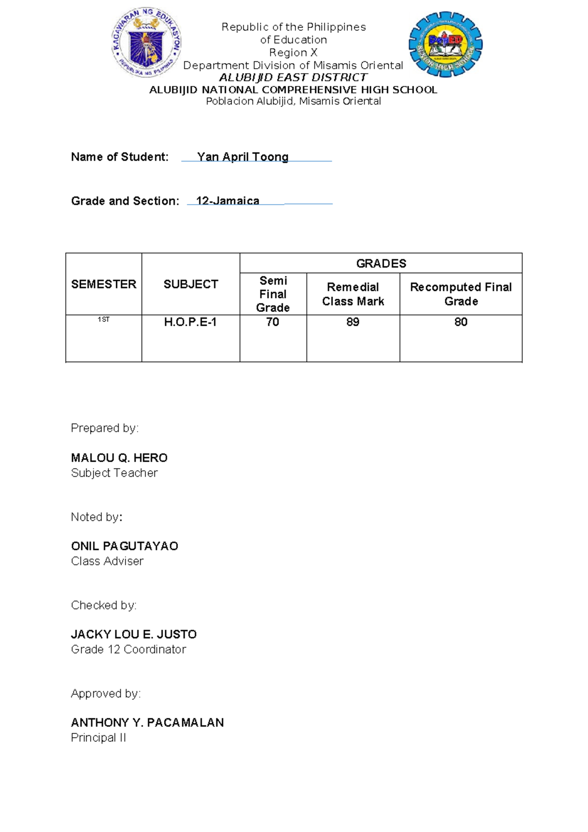 Recomputed Grades for Summer 12-Jamaica - ALUBIJID HS - Studocu