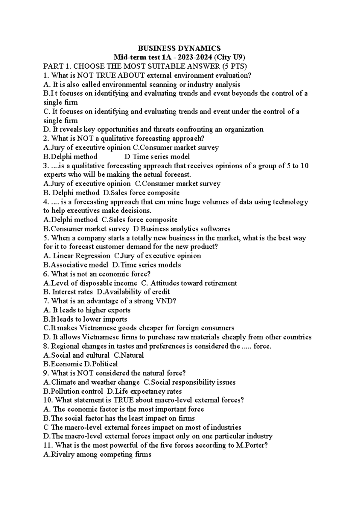Business Dynamics Test 1A (City U9) - Key Concepts & Answers - Studocu