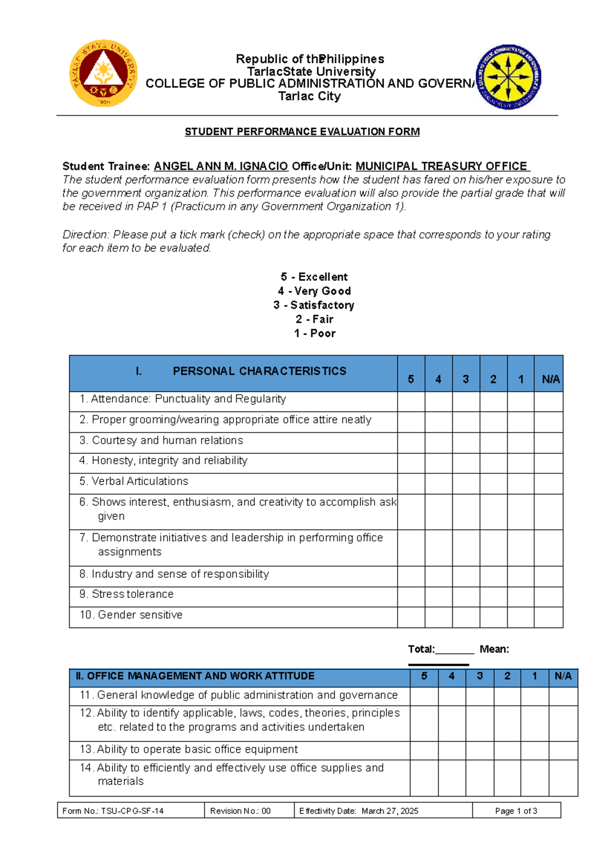 PAP 1: Student Performance Evaluation Form for Internship - Studocu