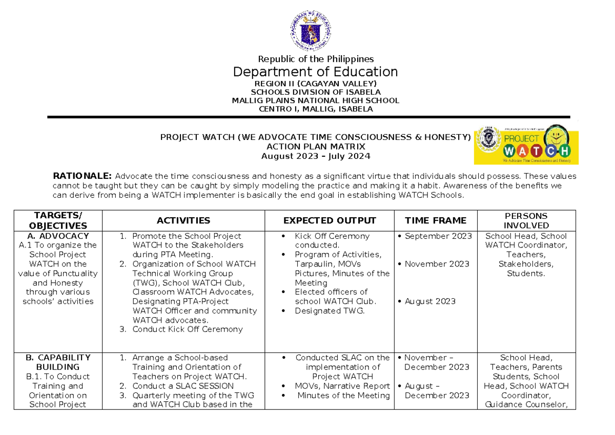 Project WATCH Action Plan (2023-2024) - Promoting Punctuality & Honesty ...