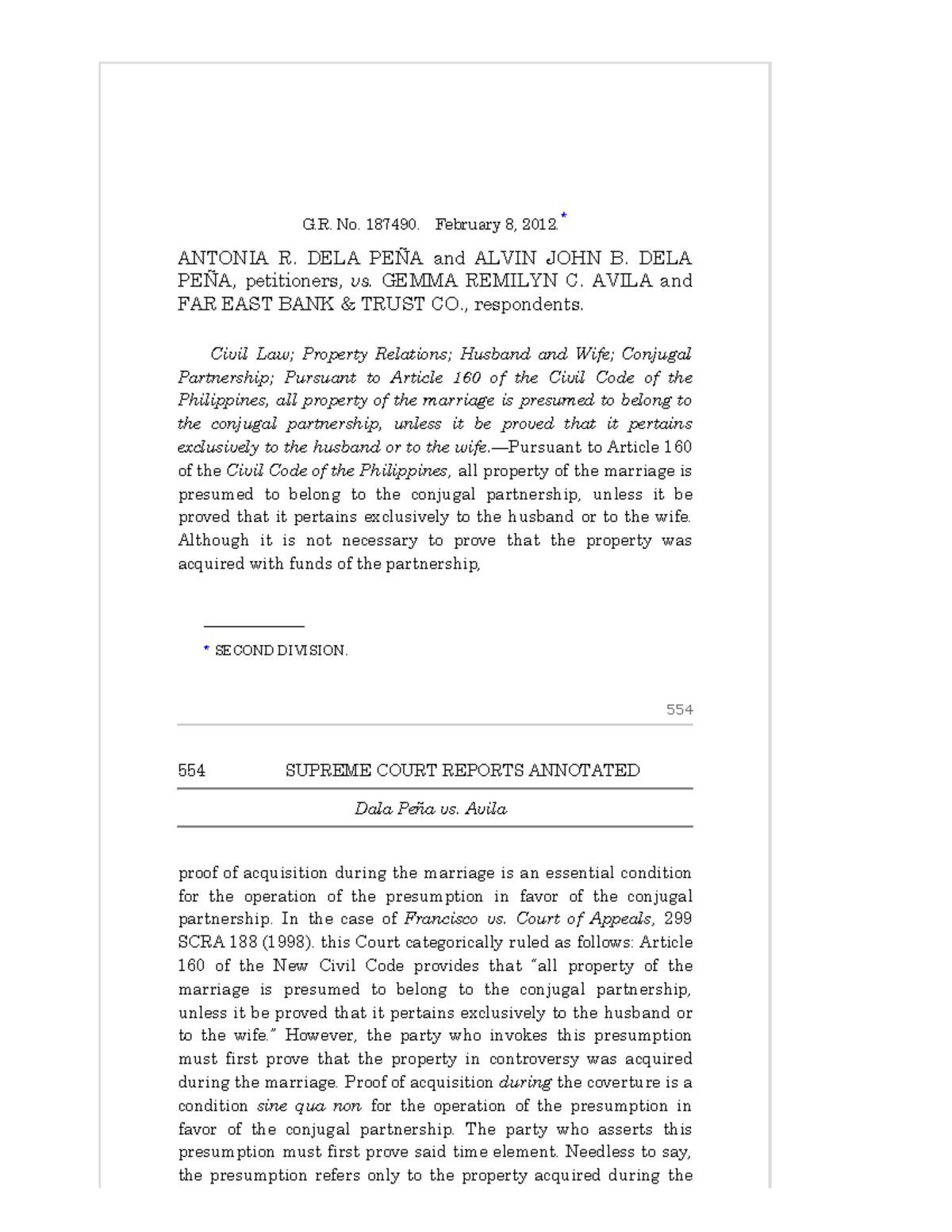 G.R. No. 187490: Dala Peña vs. Avila - Civil Property Case Analysis - Studocu