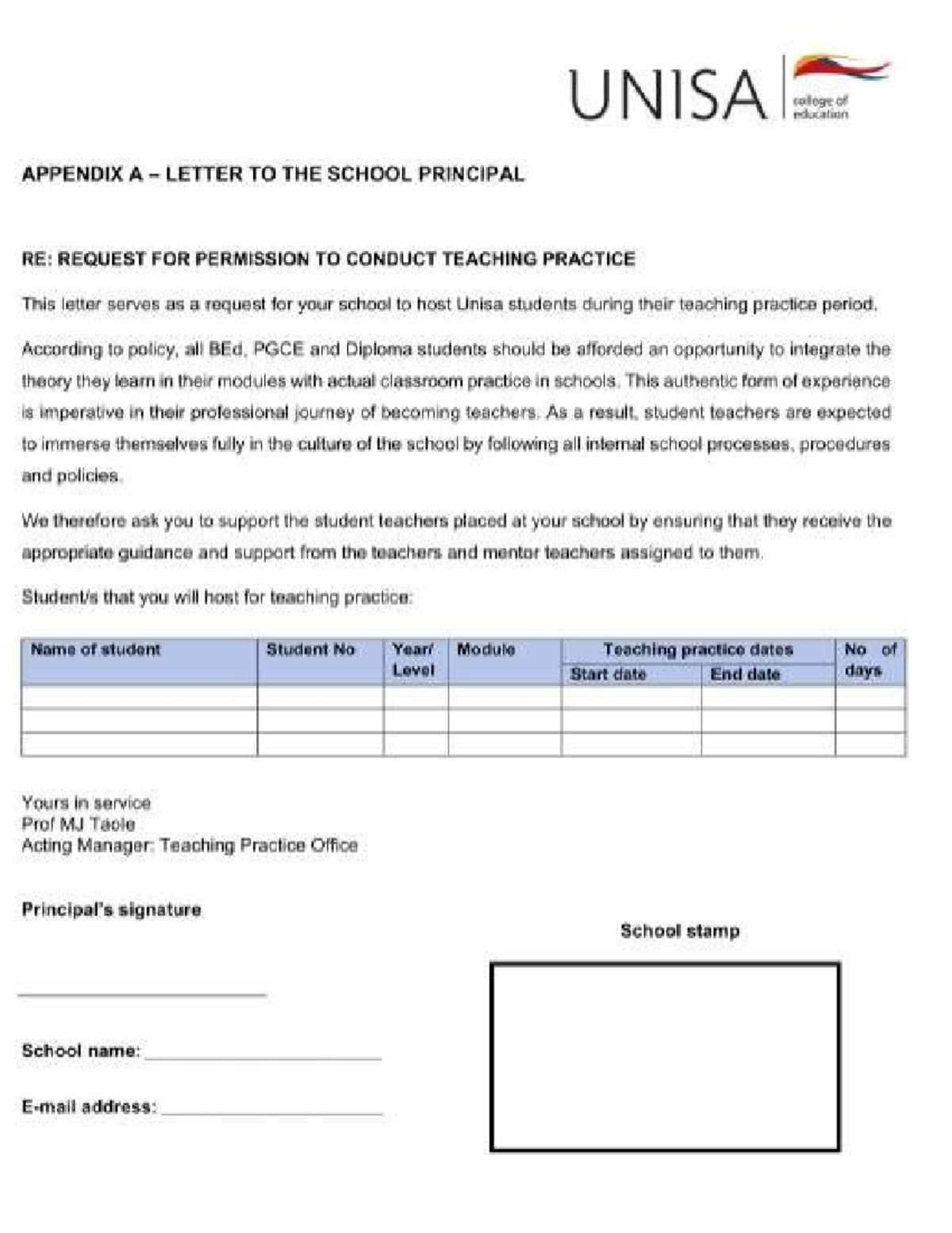 UNISA Teaching Practice Placement Request Letter and Guidelines - Studocu