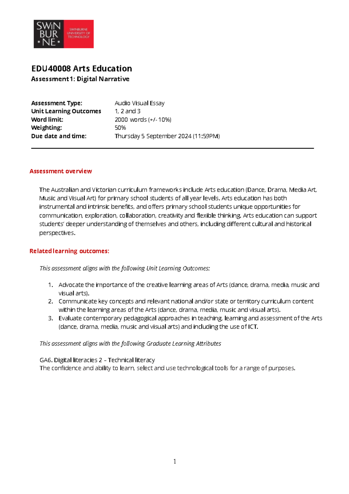 EDU40008 2024 AT1 Audio-Visual Essay: Digital Narrative in Arts ...