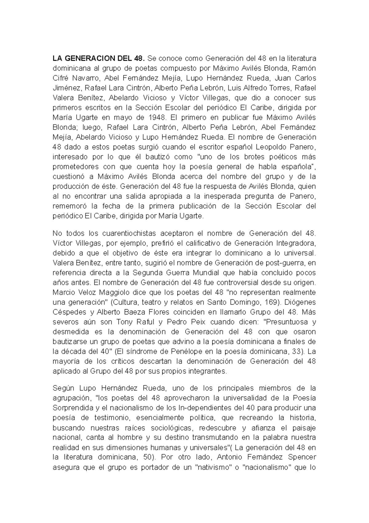 LA GENERACION DEL 48: Análisis del Grupo Literario Dominicano - Studocu