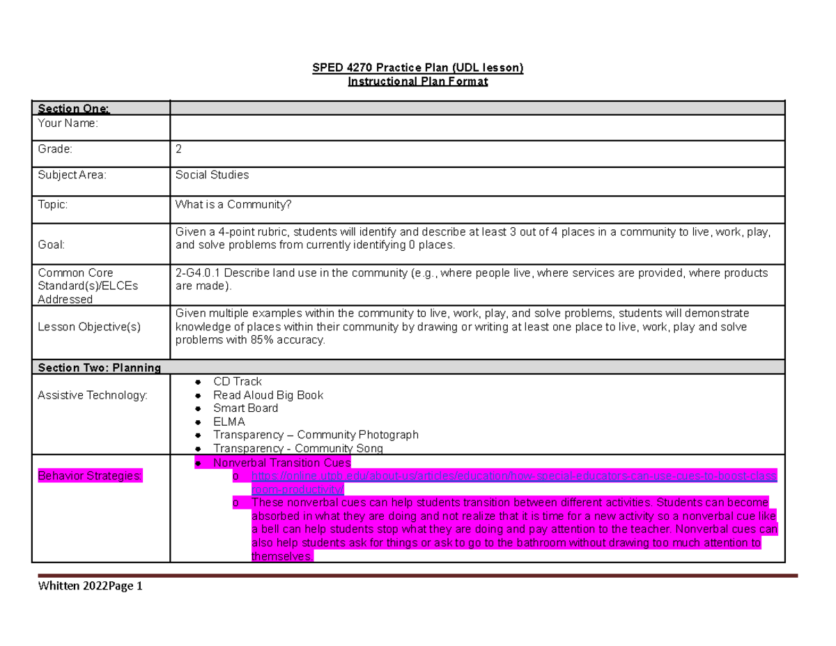 SPED 4270 UDL Lesson Plan: Exploring Community Concepts for 2nd Grade ...
