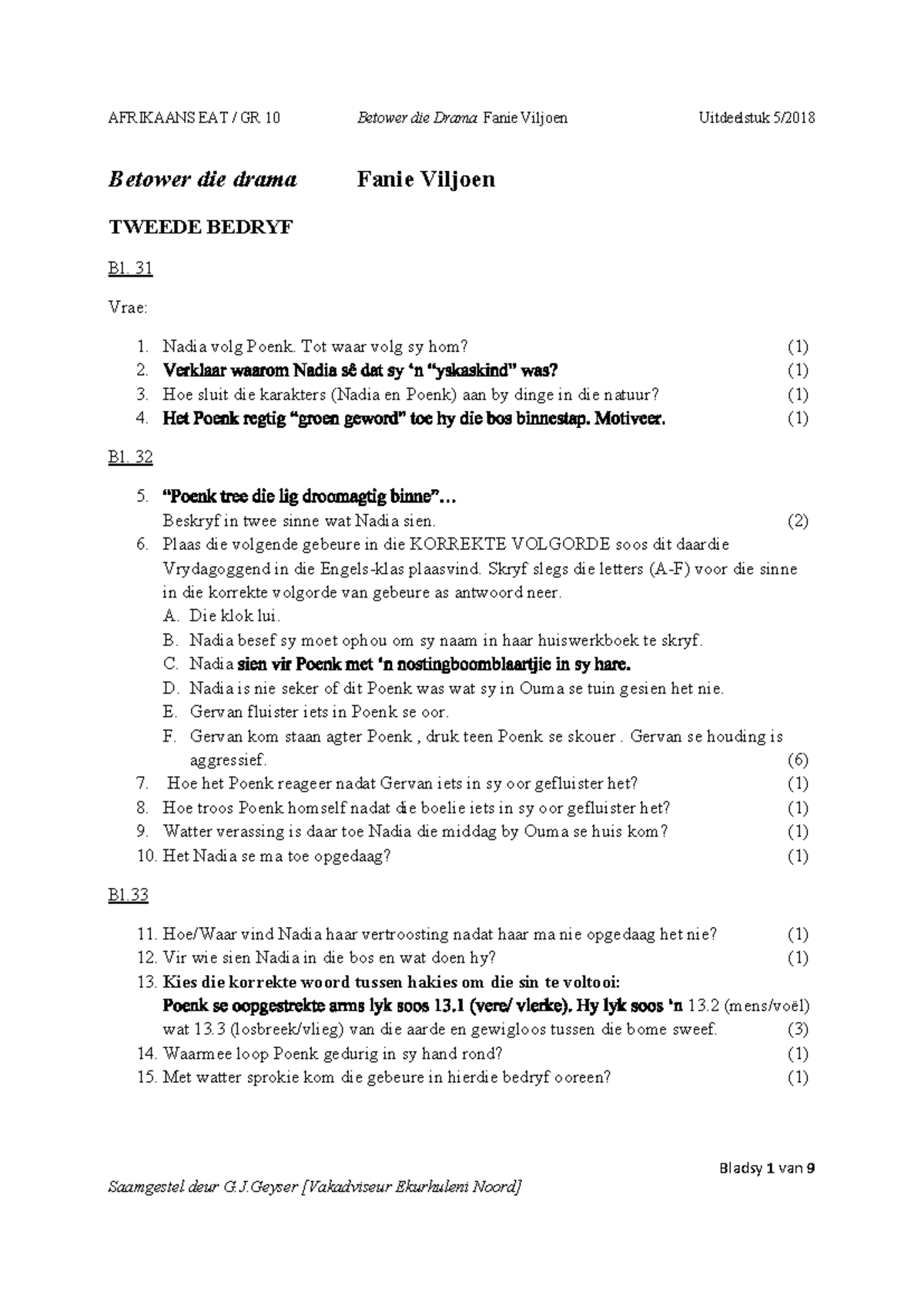 AFRIKAANS EAT GR 10 Betower die Drama Fanie Viljoen Bedryf 2 Vrae en ...