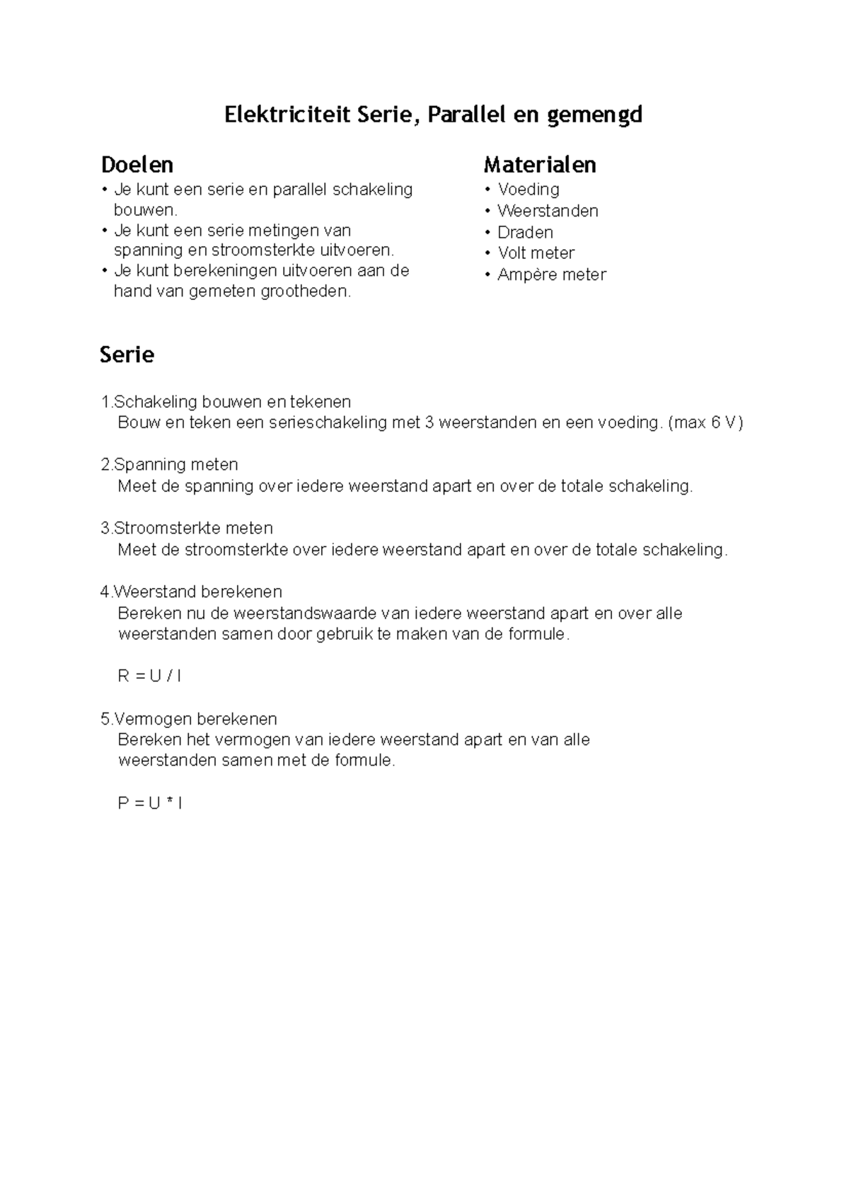 Serie, Parallel en Gemengde Schakelingen Practicum (Elektriciteit ...