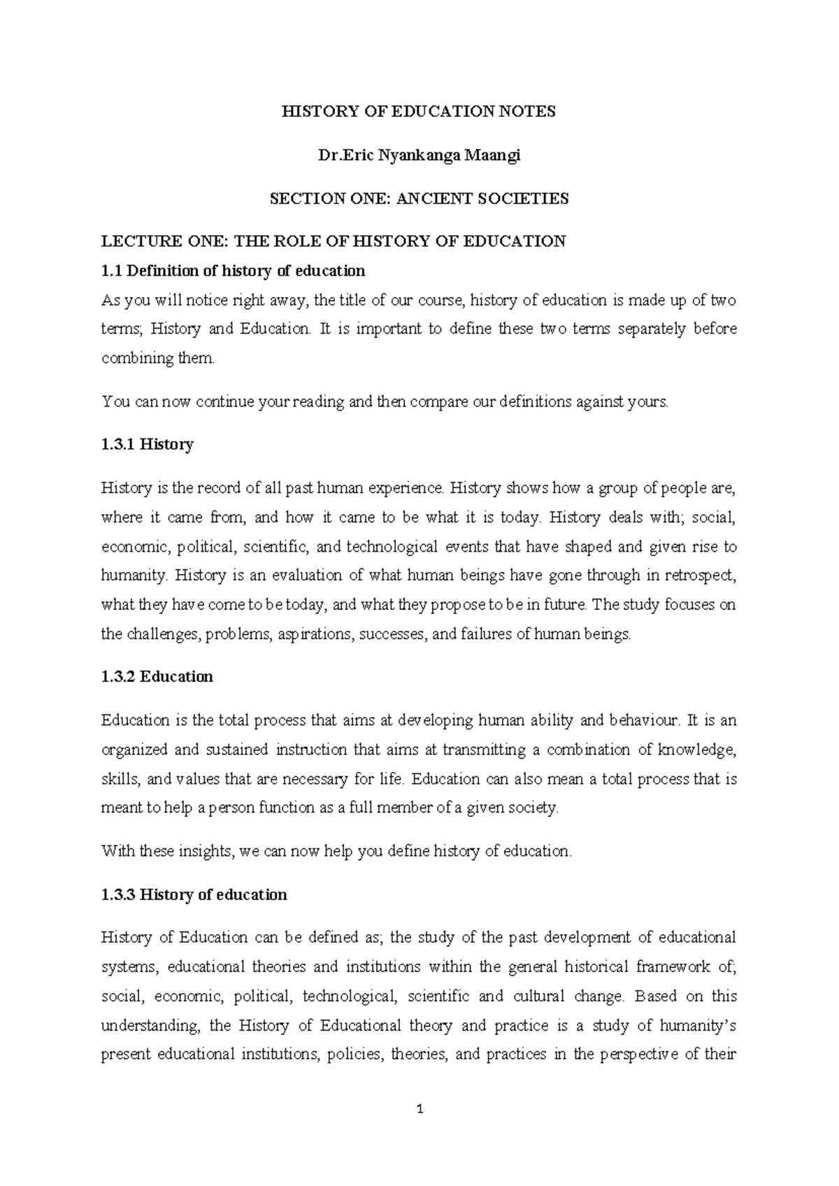 HIST 101: History of Education Lecture Notes by Dr. Eric Nyankanga ...