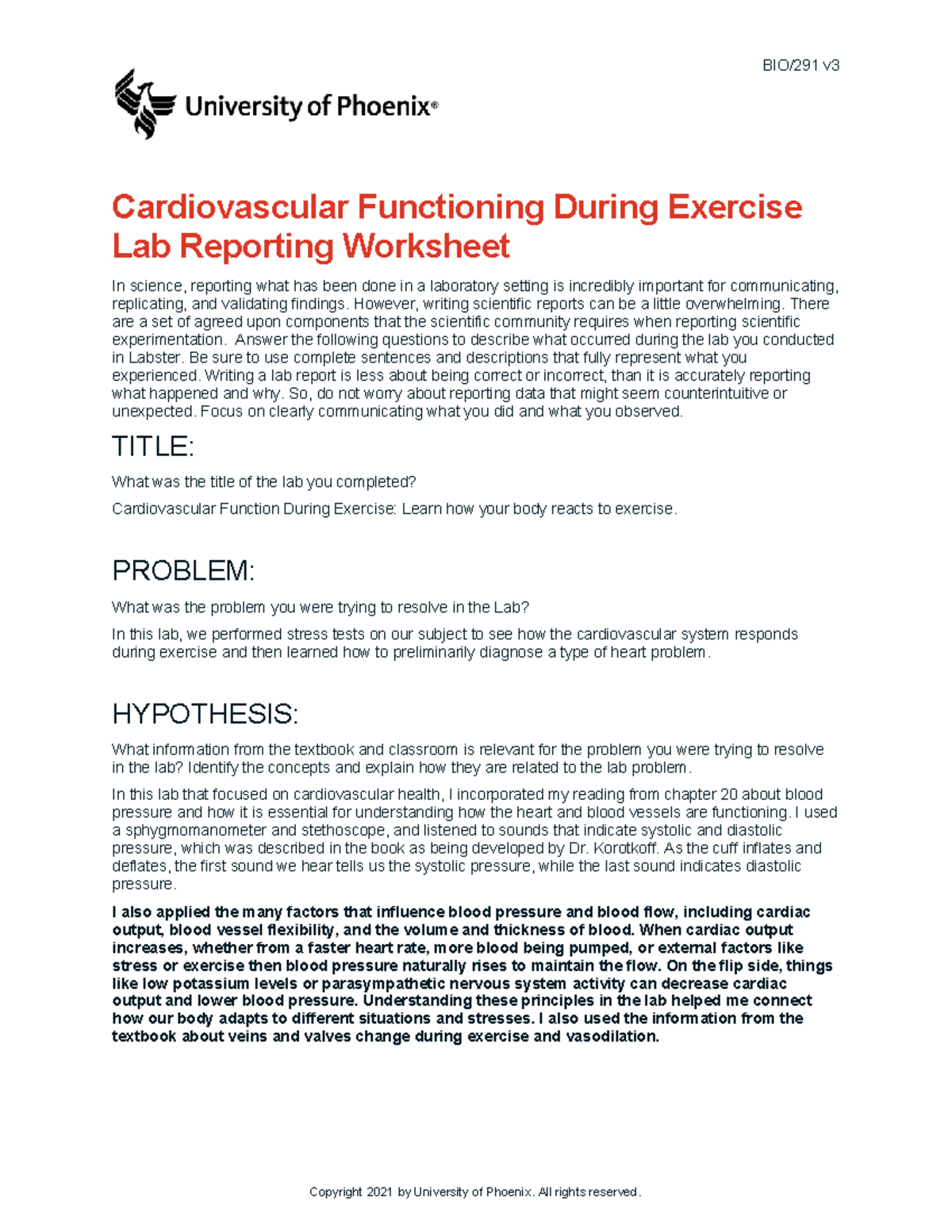 BIO/291 v - Lab Report on Cardiovascular Functioning During Exercise ...