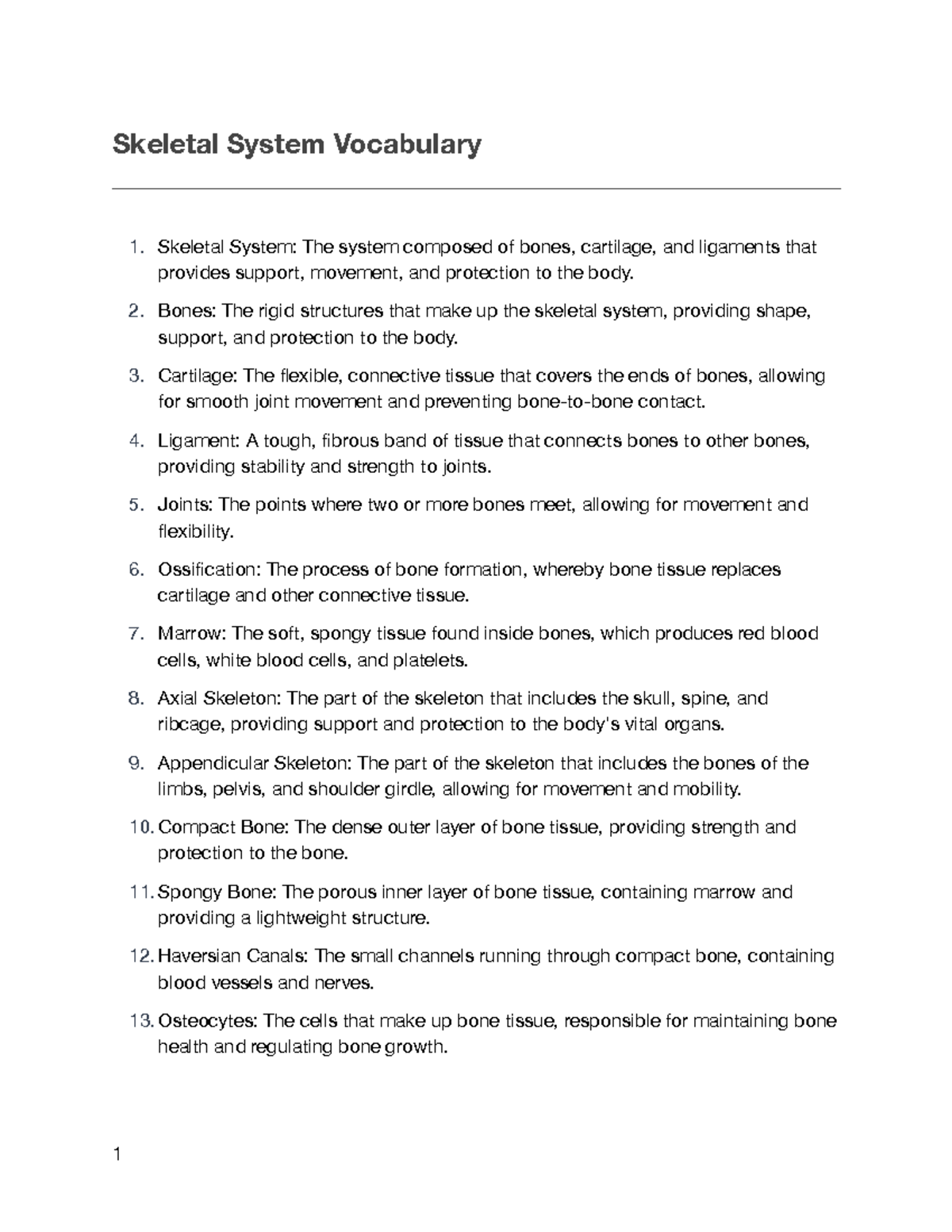 Skeletal System Glossary of Terms for Bio 101 Lecture Notes - Studocu