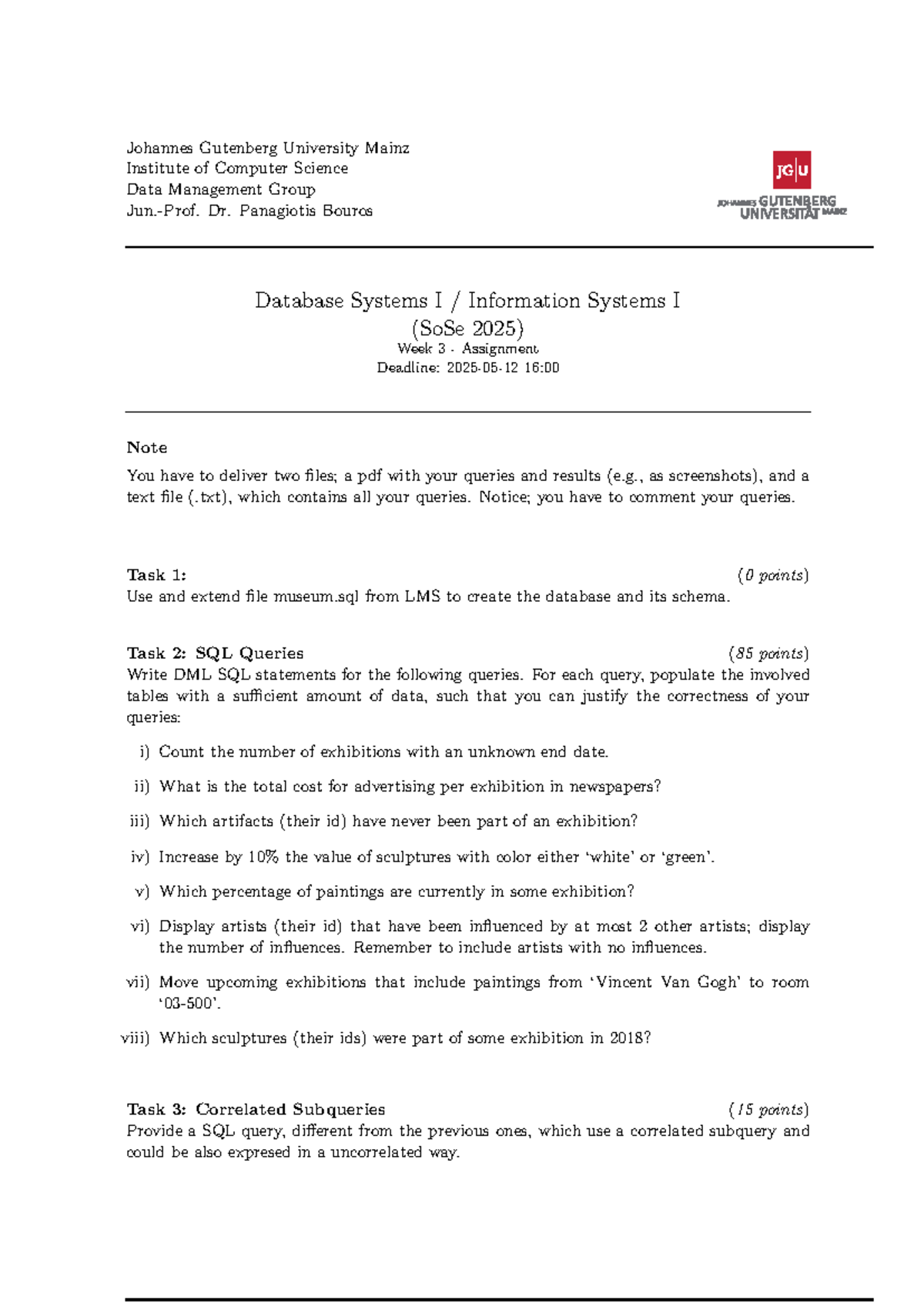 Database Systems I (IS I SoSe 2025) Week 3 SQL Assignment - Studocu