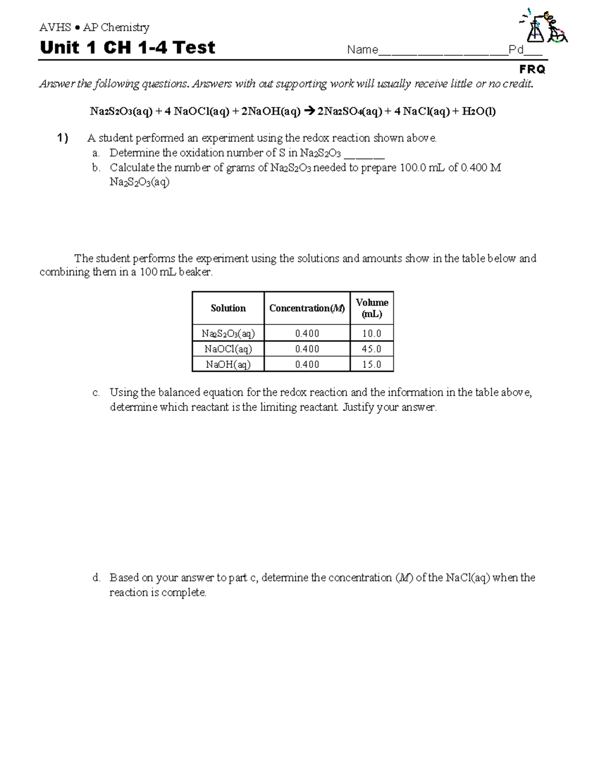AVHS AP Chemistry Unit 1 FRQ Practice Test 2025-2026 - Studocu