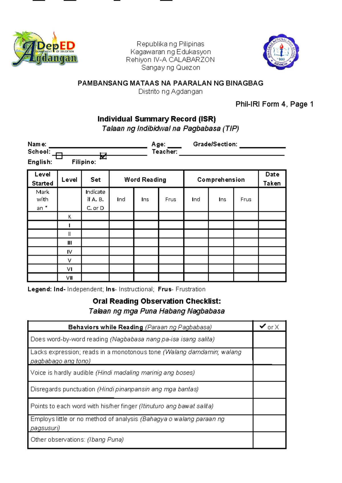 PHIL-IRI Forms & Guide: Individual Summary Record (ISR) - Studocu