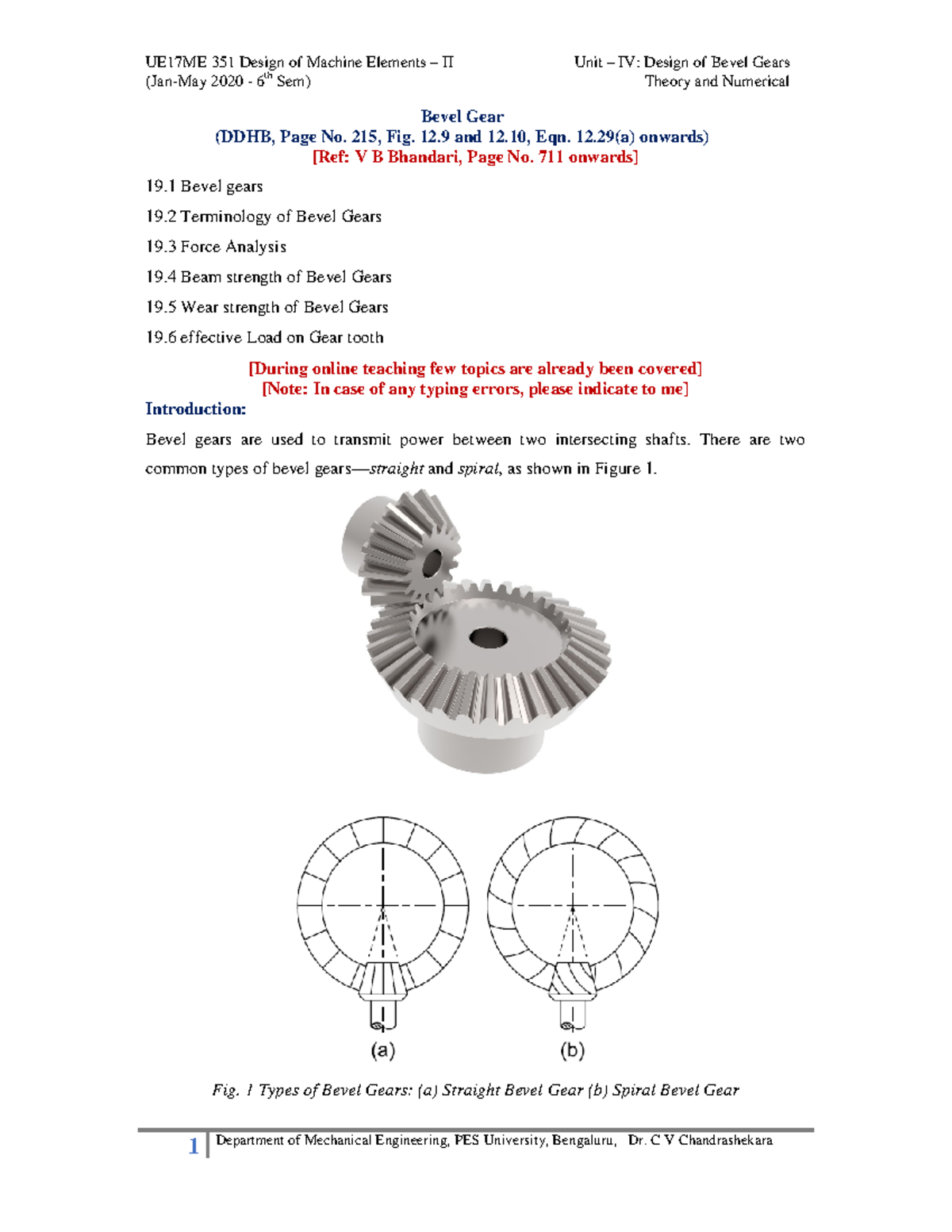 Bevel Gear Theory and Numerical Analysis - ME 6th Sem Jan-May 2020 ...