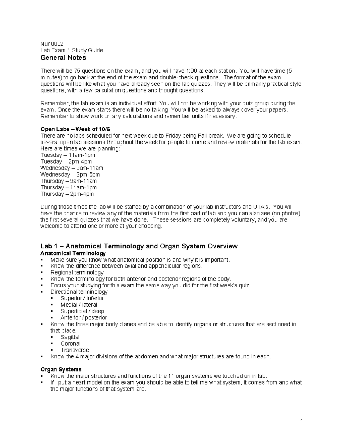 Lab Exam 1 Study Guide (NUR 0002): Key Concepts & Review Topics - Studocu