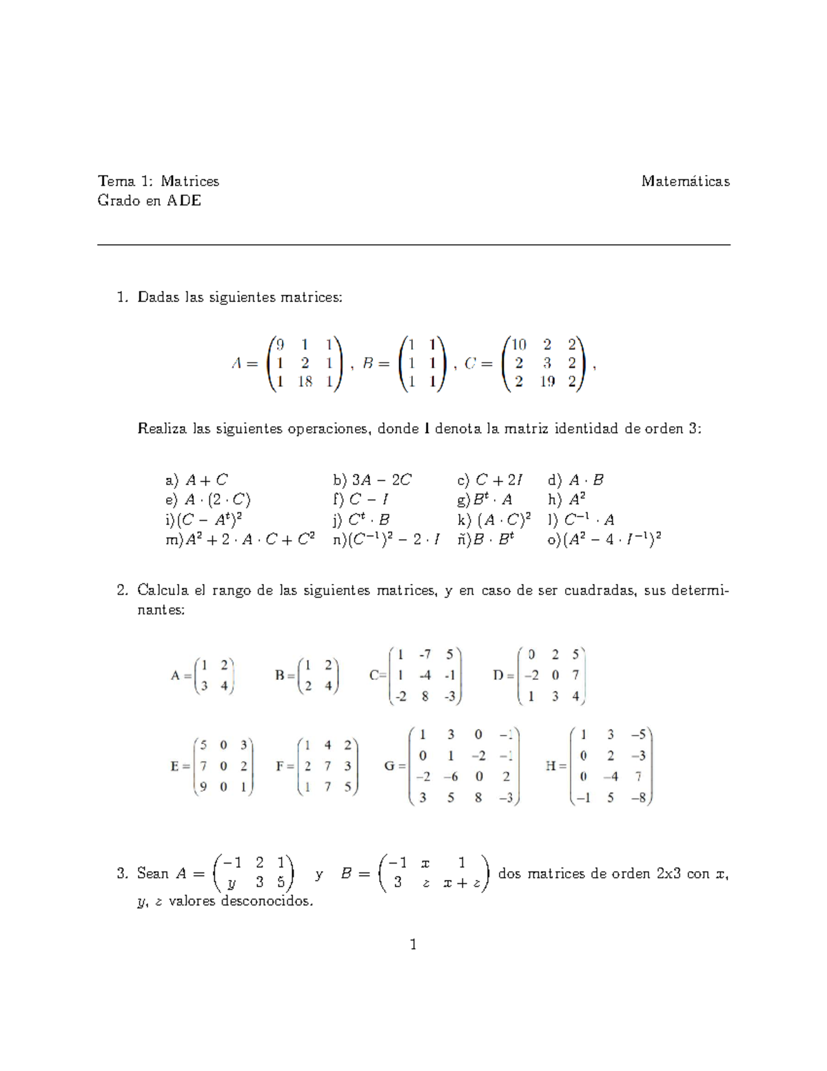 Ejercicios de Matrices - Tema 1 Grado en ADE - Studocu
