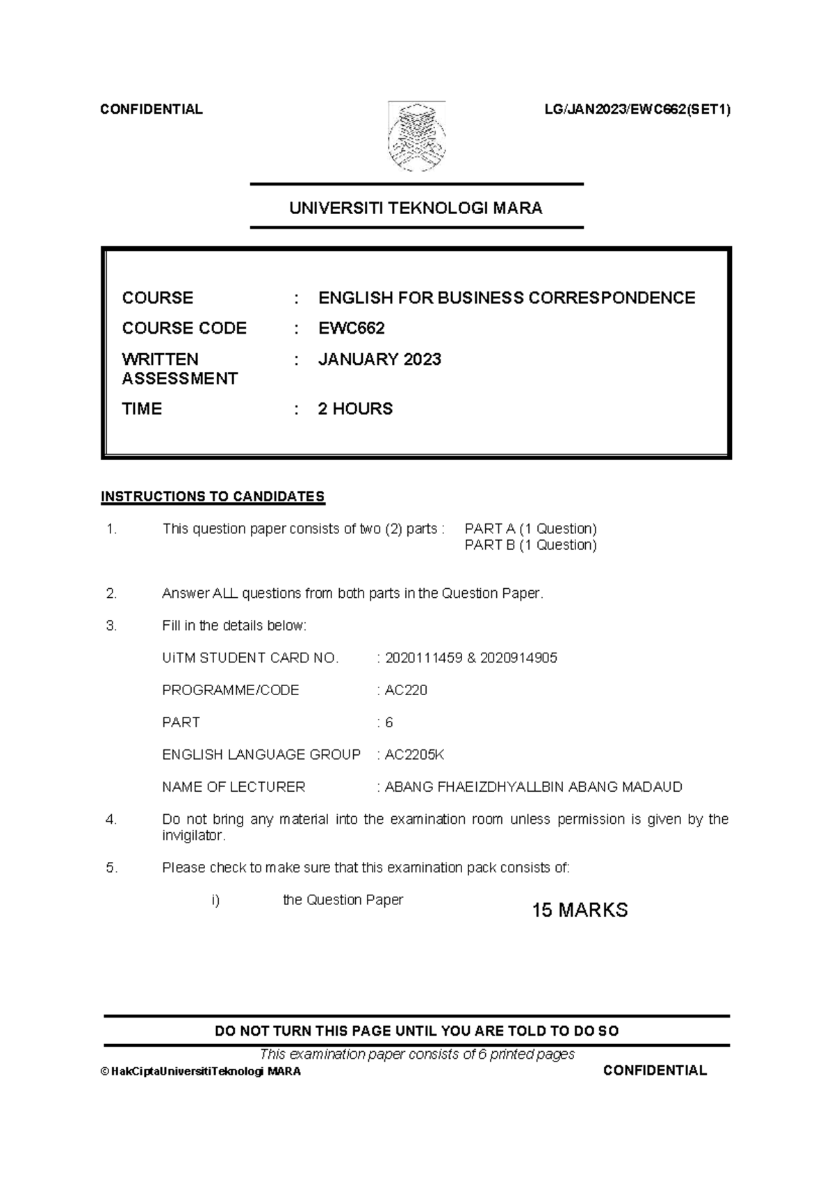 EWC662 Written Assessment Sample: Business Correspondence Review - Studocu