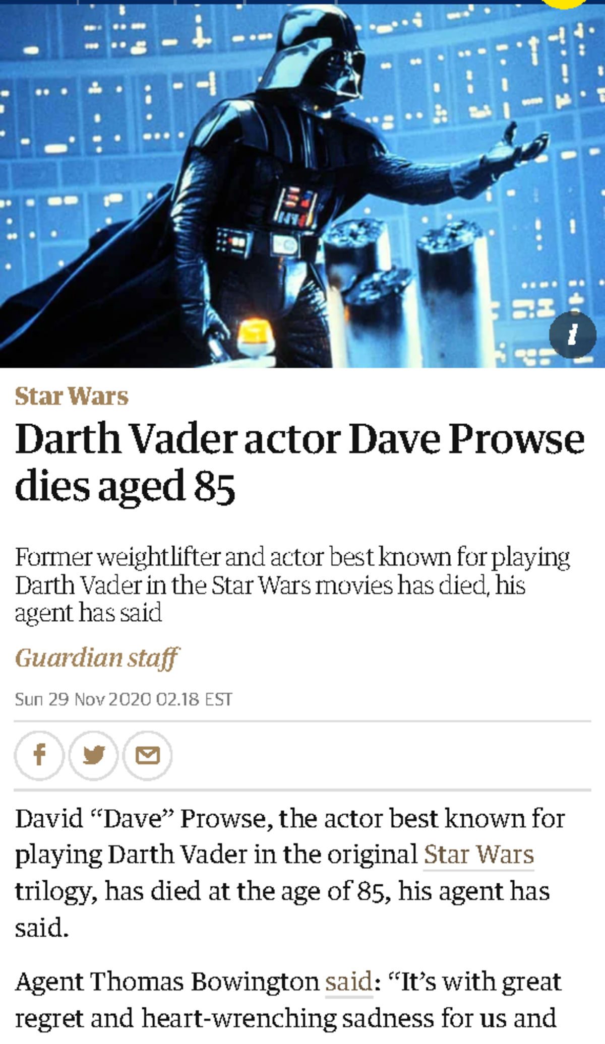 Darth Vader actor Dave Prowse dies aged 85 Star Wars The Guardian ...