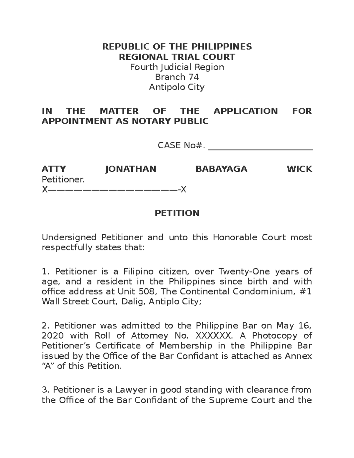 Petition for Notarial Commission - Atty. Jonathan Babayaga Wick - Studocu