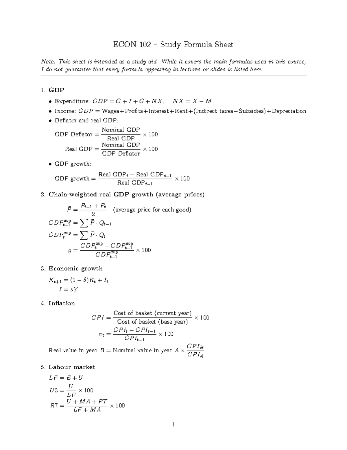 ECON 102 - Midterm Study Formula Sheet - Studocu