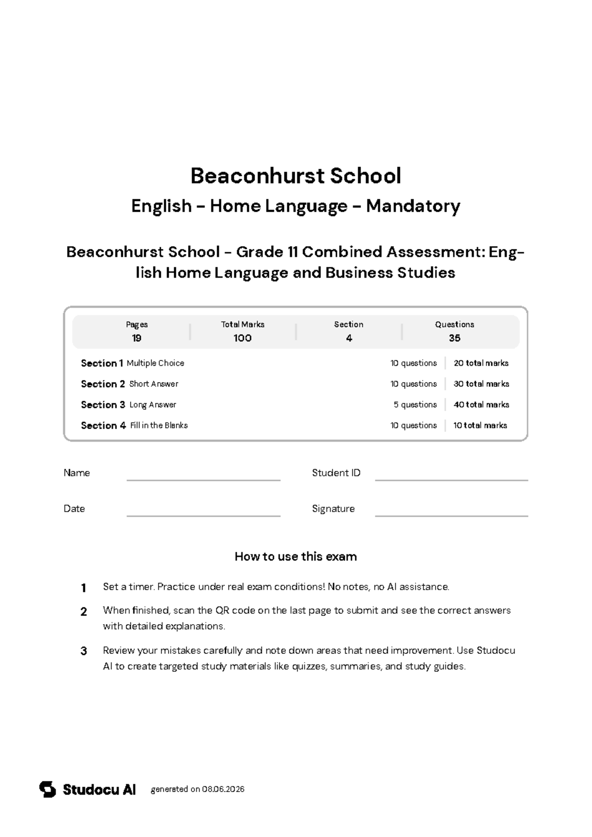 Grade 11 Combined Assessment: English & Business Studies - Studocu