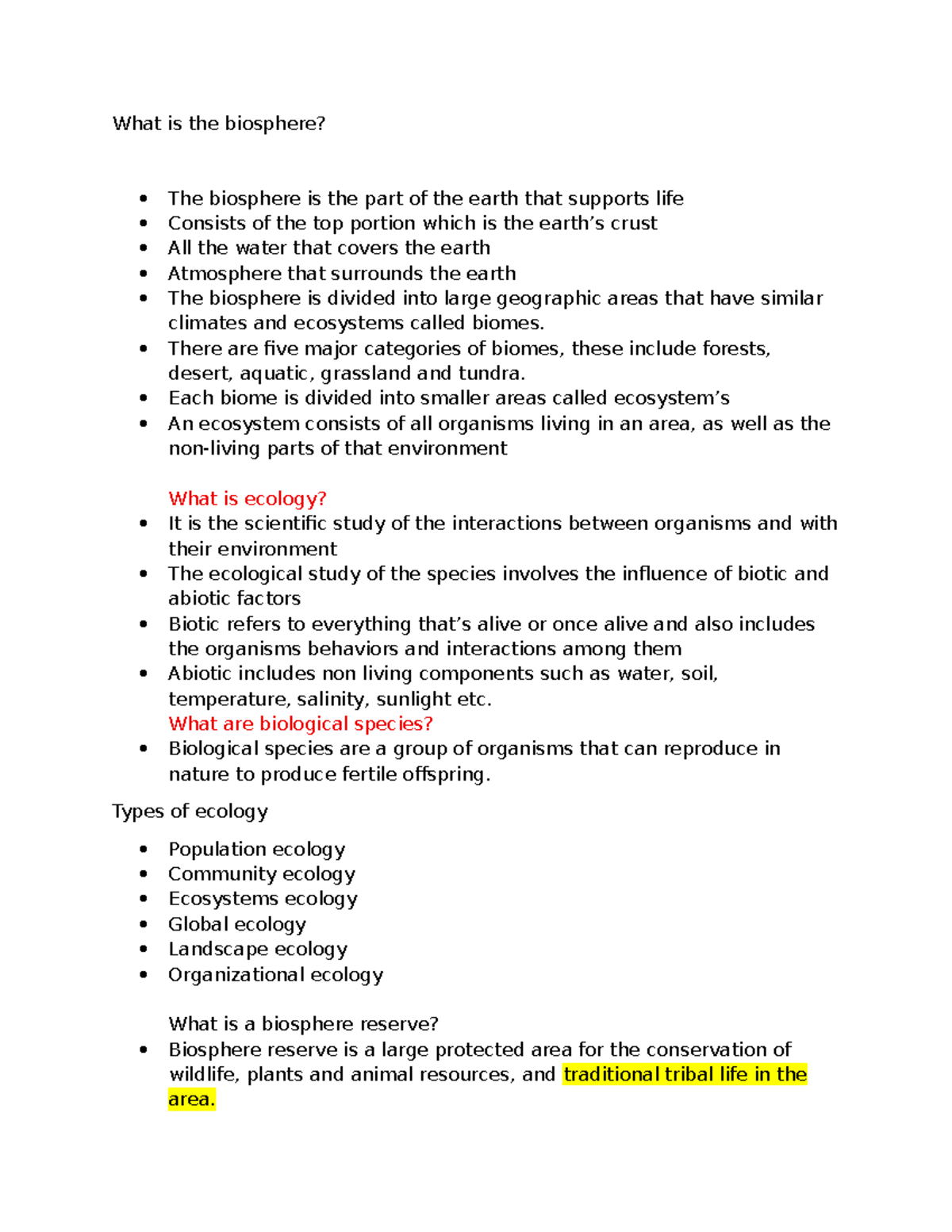 Biosphere and Ecology Overview: Key Concepts and Biomes (ESC 6) - Studocu