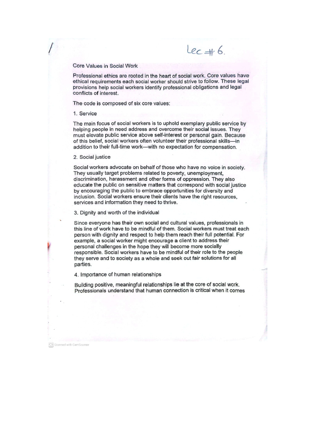 Lec 6: Core Values in Social Work - Ethics and Responsibilities - Studocu