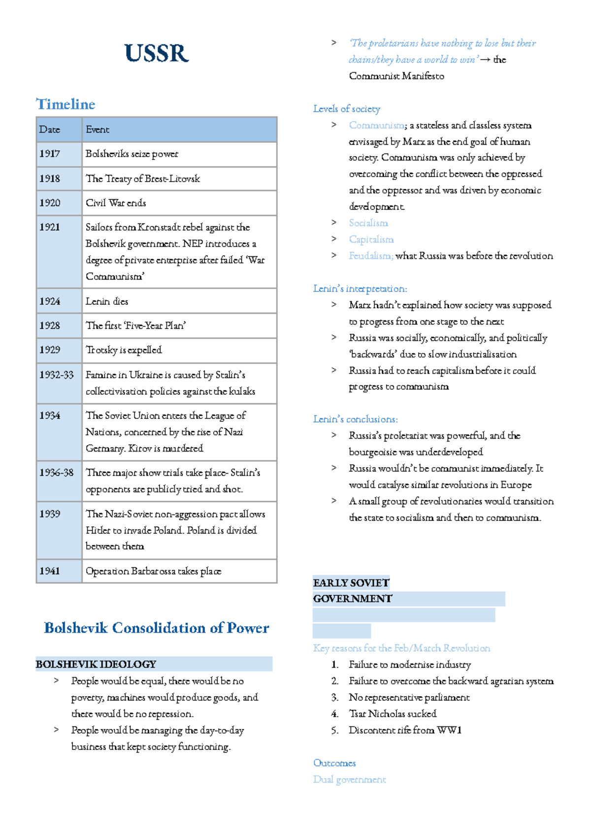 USSR History Summary Notes: Key Events & Power Struggles (HIST 101 ...