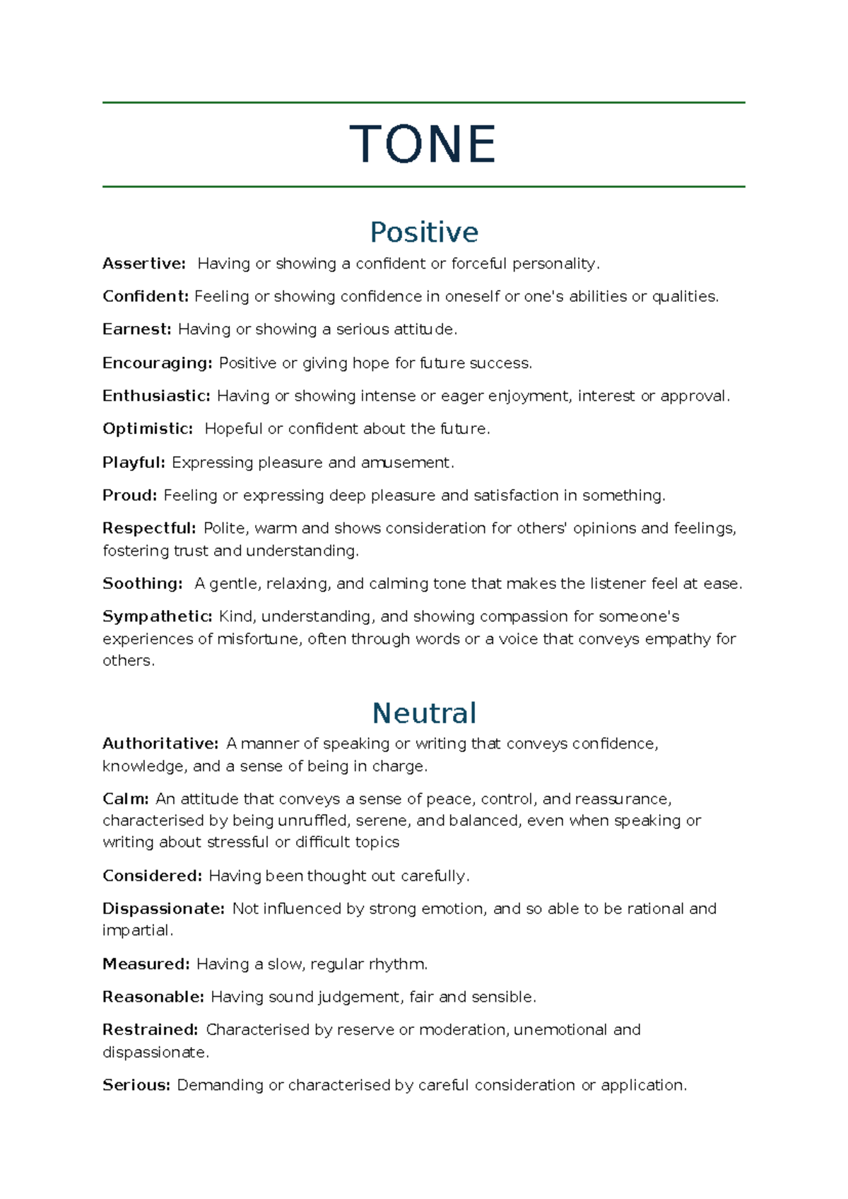 Tone Words for English: Positive and Neutral Descriptions - Studocu