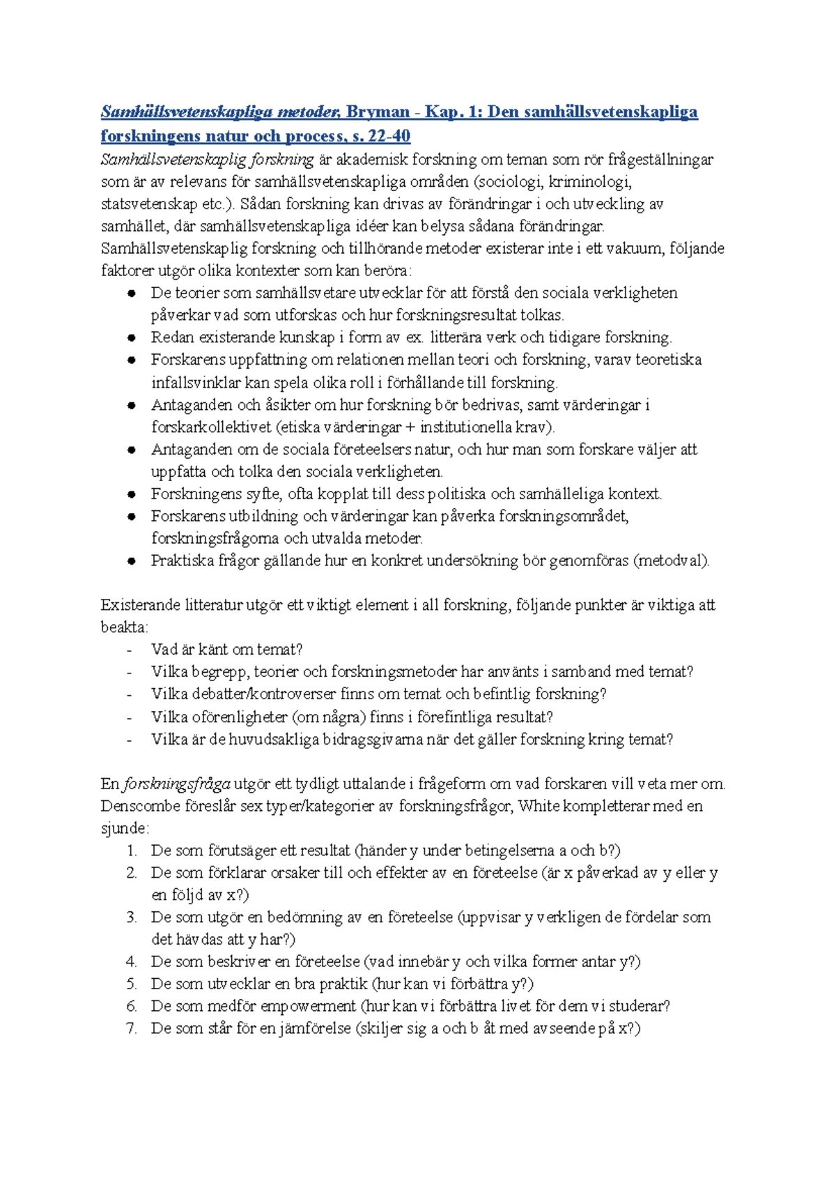 Bryman kap 8 - Sammanfattning kap 8 - Samhällsvetenskapliga Metoder ...