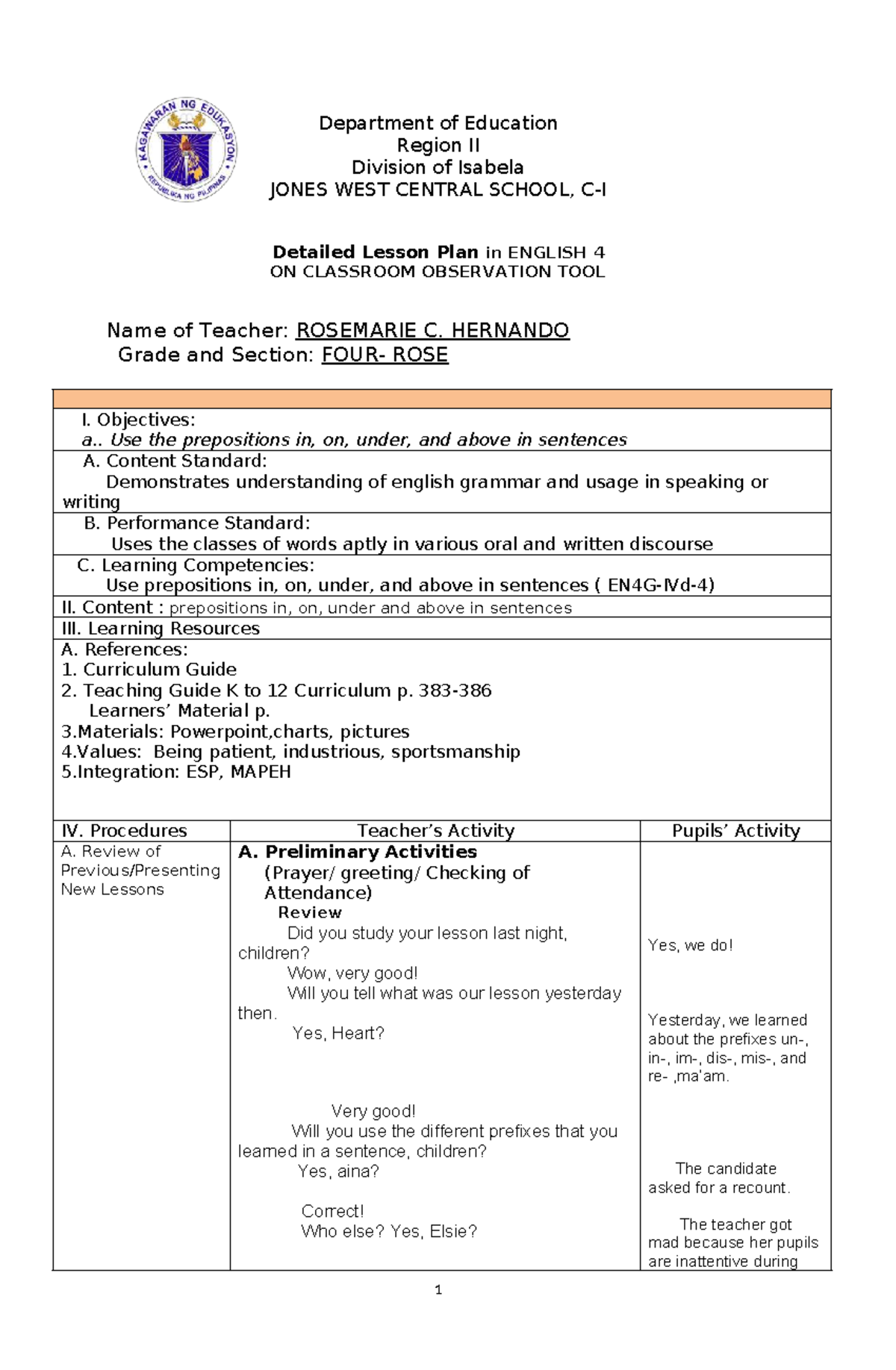 COT DLP English 4 BY Teacher Rosemarie C. Hernando - Department of Education Region II Division ...