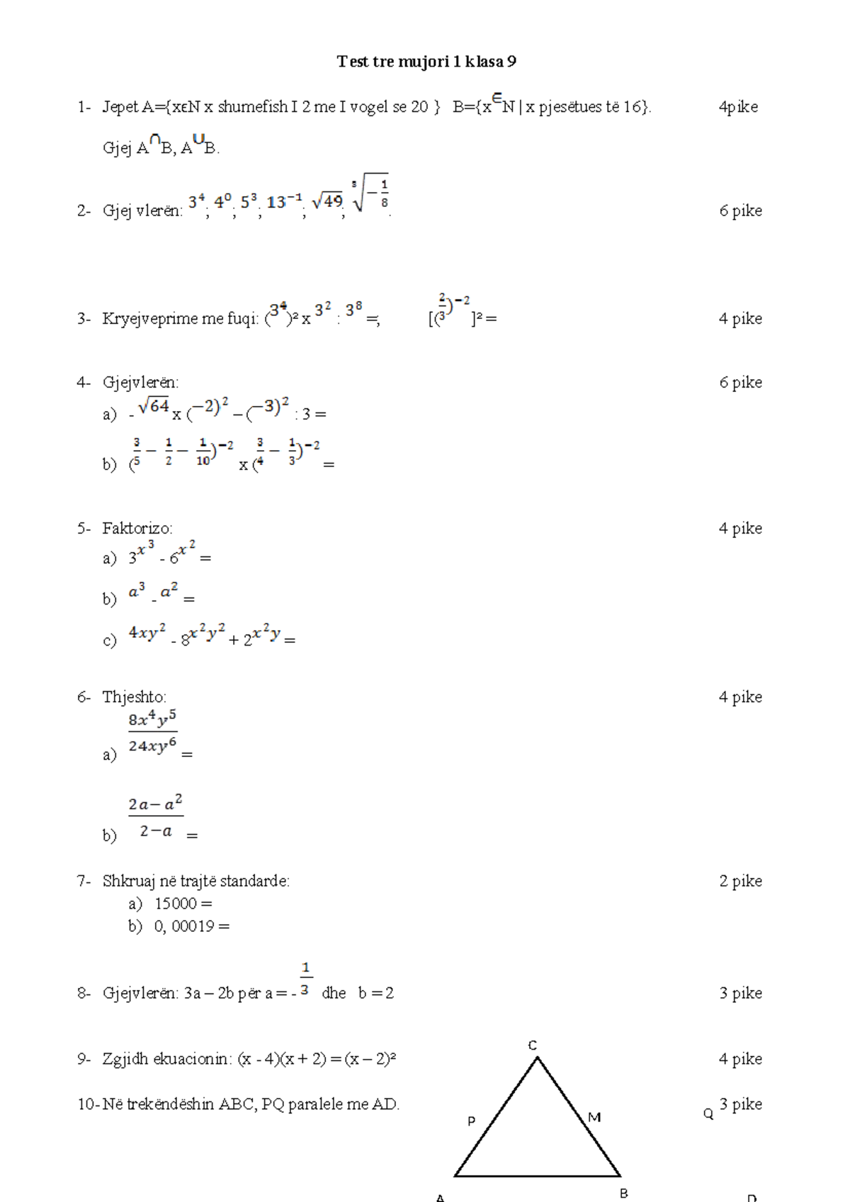 Testi Tre Mujor i Matematikës për Klasa 9 - Studocu