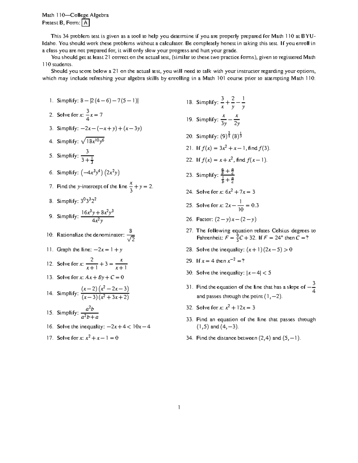 Math 110 Final Exam Algebra Practice Problems - Pretest B Form A - Studocu