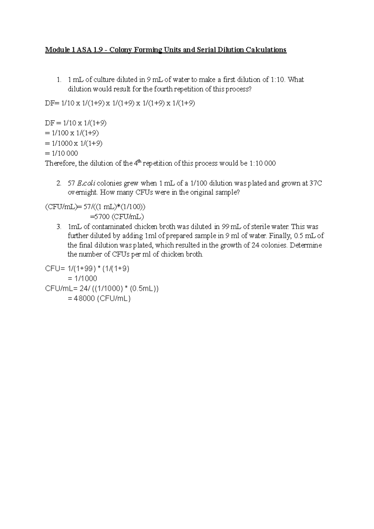 CFU and Serial Dilution Calculations - Biology 1001A - Western ...