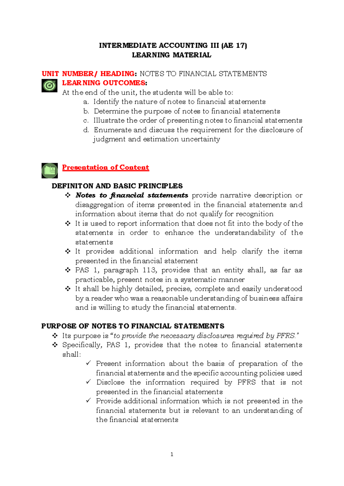 3. Notes to Financial Statements - 1 INTERMEDIATE ACCOUNTING III (AE 17 ...