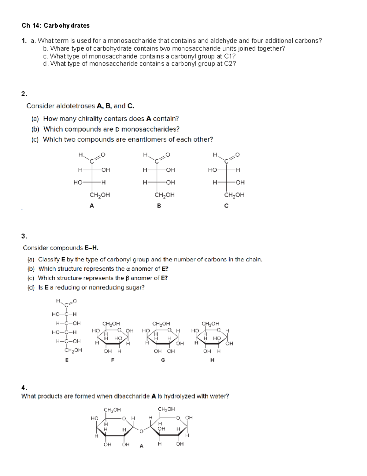 Ch 14 Homework - to have a idea - CHEM 101 - Ch 14: Carbohydrates a ...