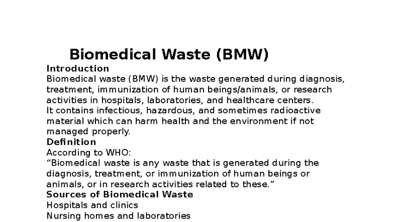🏥 BMW: Introduction to Biomedical Waste Management and Types - Studocu