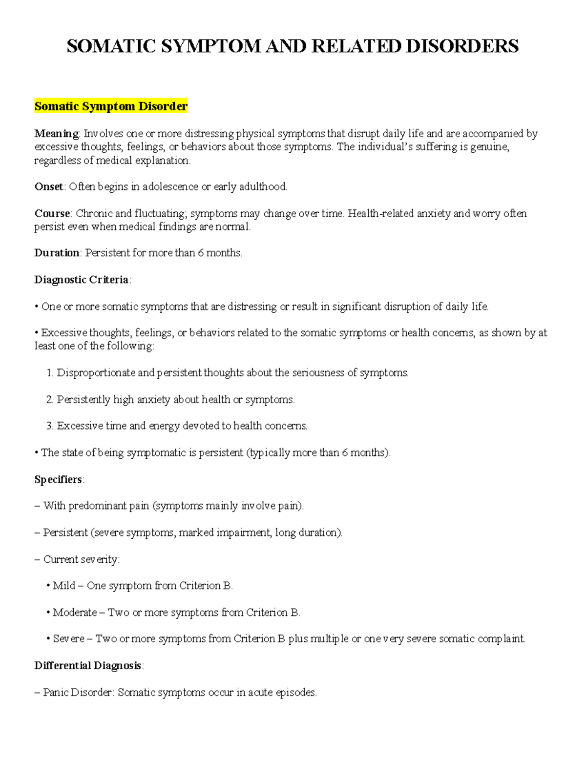 SOMATIC SYMPTOM DISORDERS: Overview and Diagnostic Criteria - Studocu