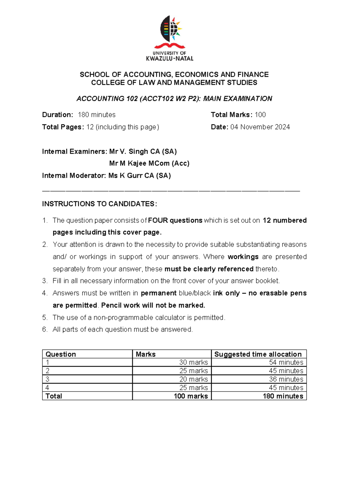 ACCT 102 W2 P2: Main Examination Questions and Instructions - Studocu