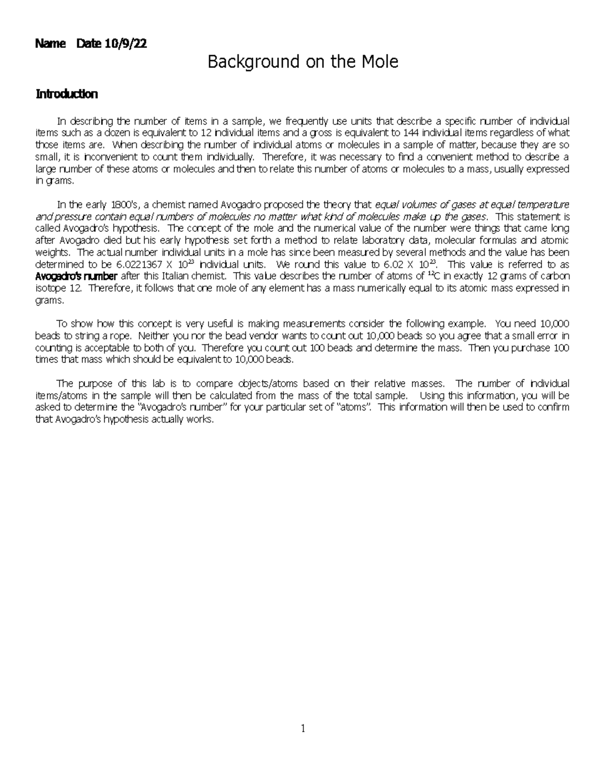 Activity - How Large is a Mole - Background on the Mole Introduction In ...