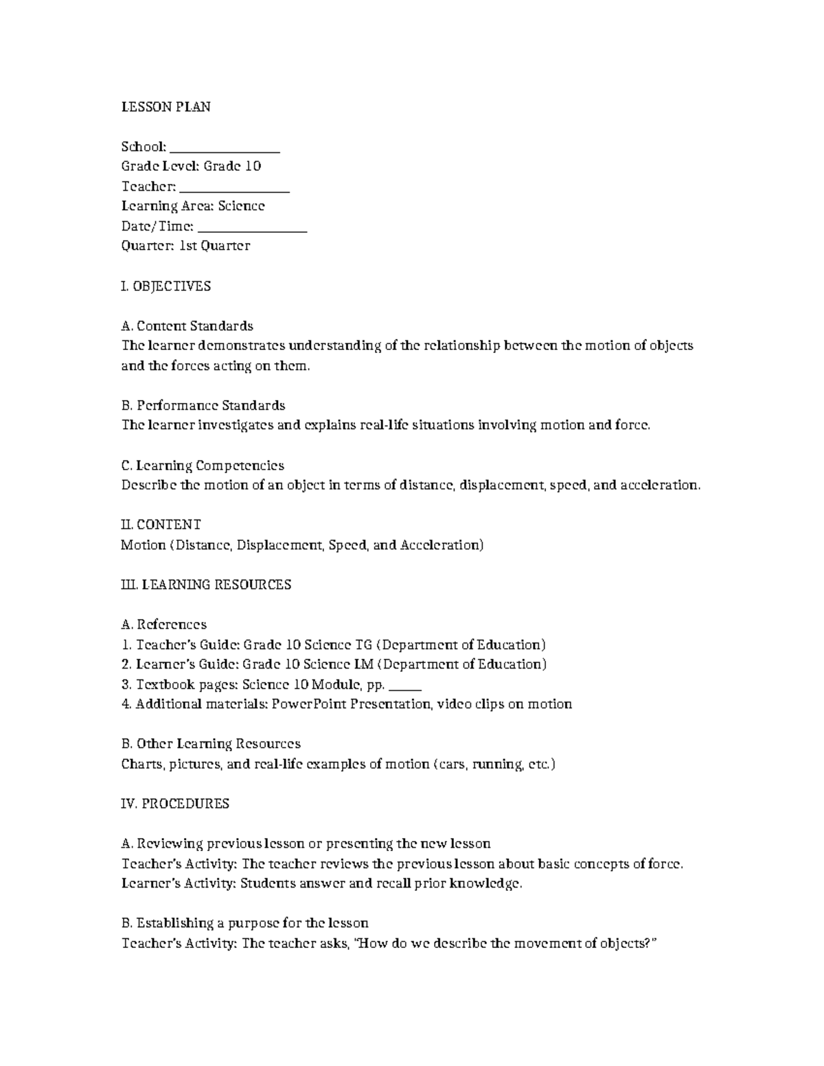 Grade 10 Science Lesson Plan: Motion, Forces, and Acceleration - Studocu