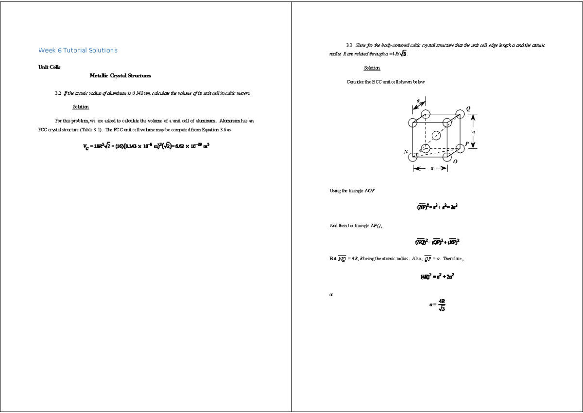 Week 6 Tutorial Solutions - Unit CellsWeek 6 Tutorial Solutions Metallic Crystal Structures 3 ...